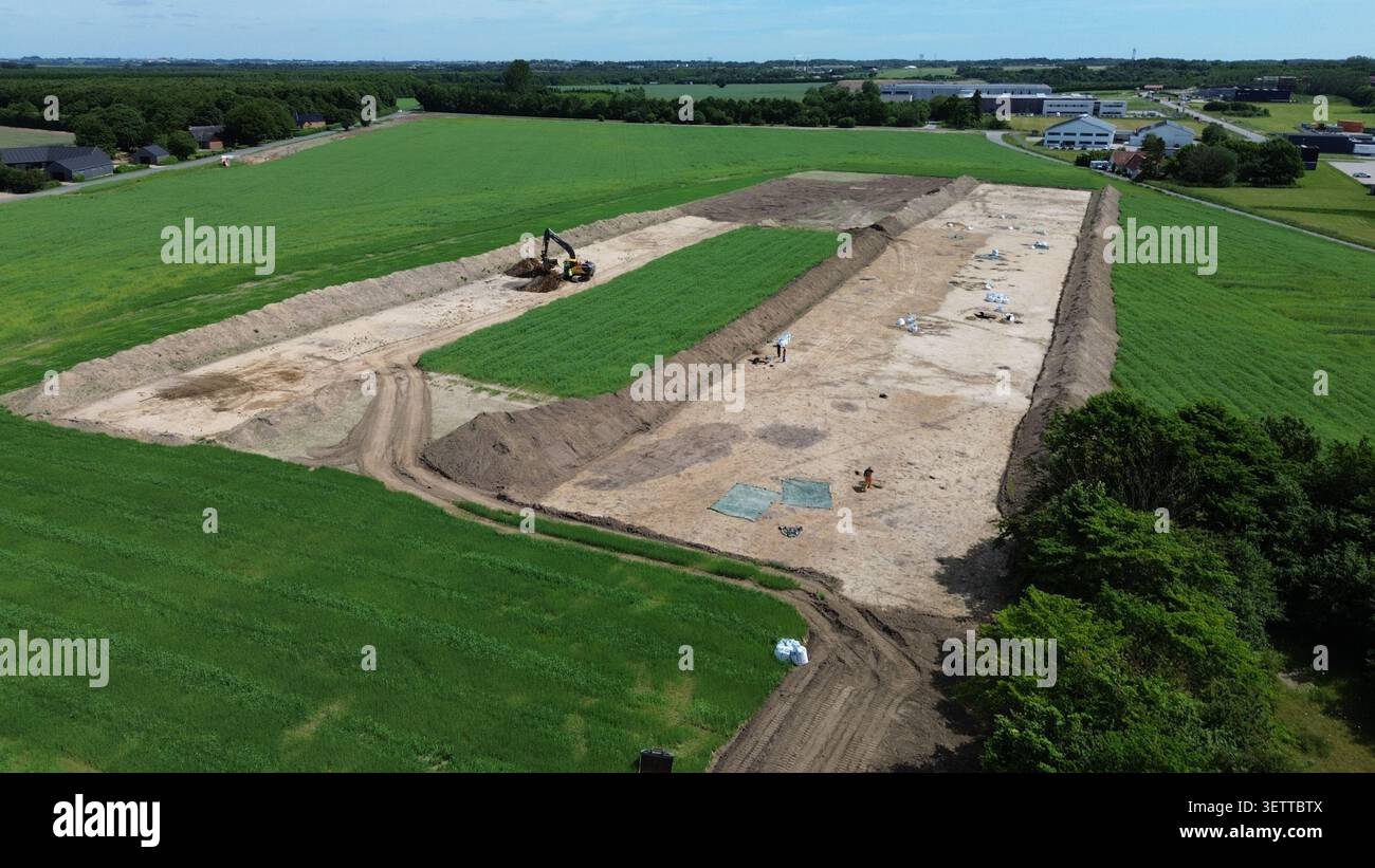An aerial shot shows an archaeological site in Soften near Aarhus ...