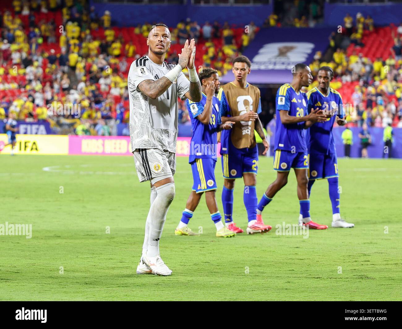 June 20, 2026: CuraÃ§ao goalkeeper Eloy Room (1) claps to show his ...