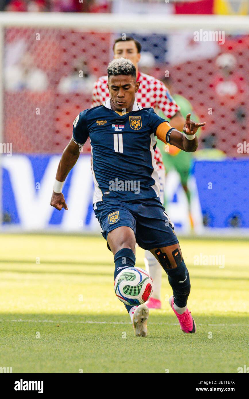 Yoel Bárcenas of Panama passes the ball during the FIFA World Cup game ...