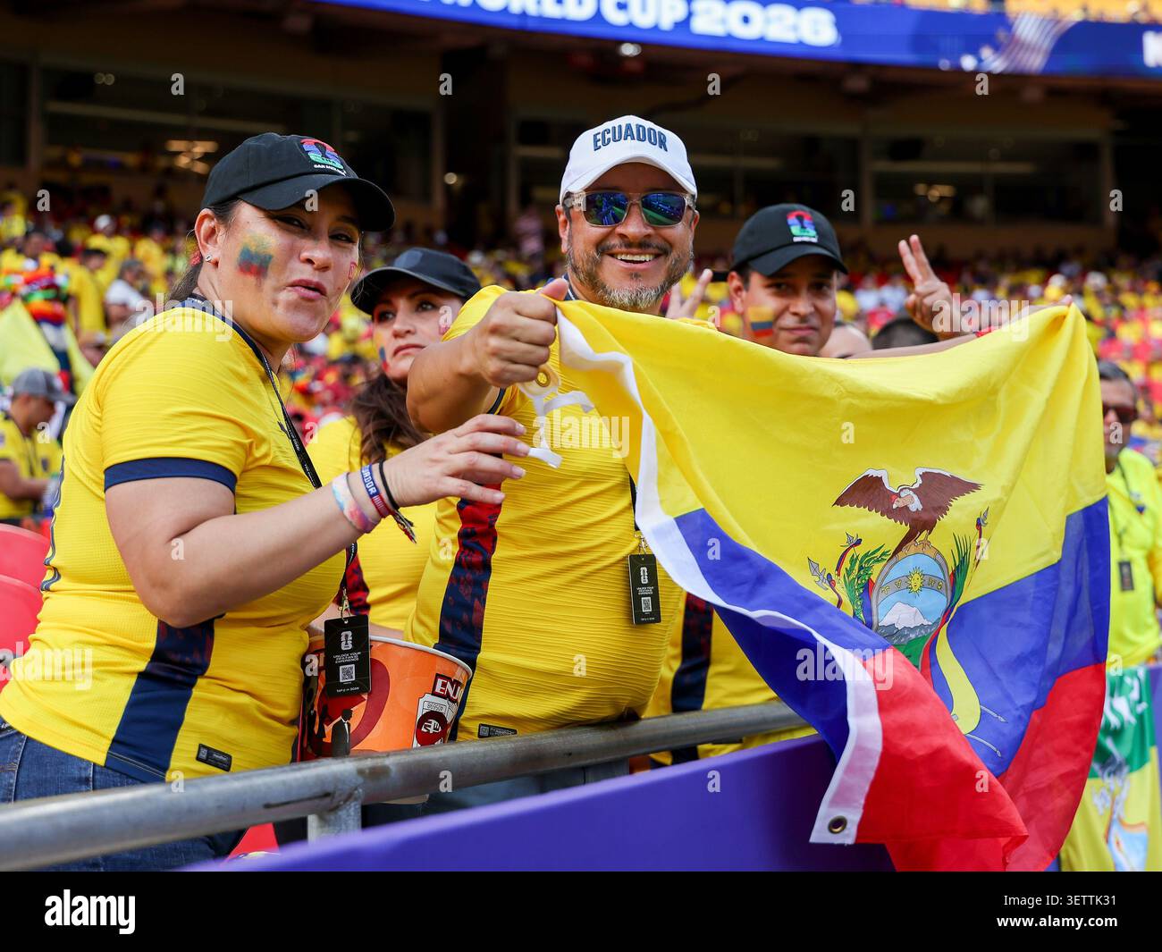 June 20, 2026: Ecuador fans hold up a flag prior to the World Cup match ...