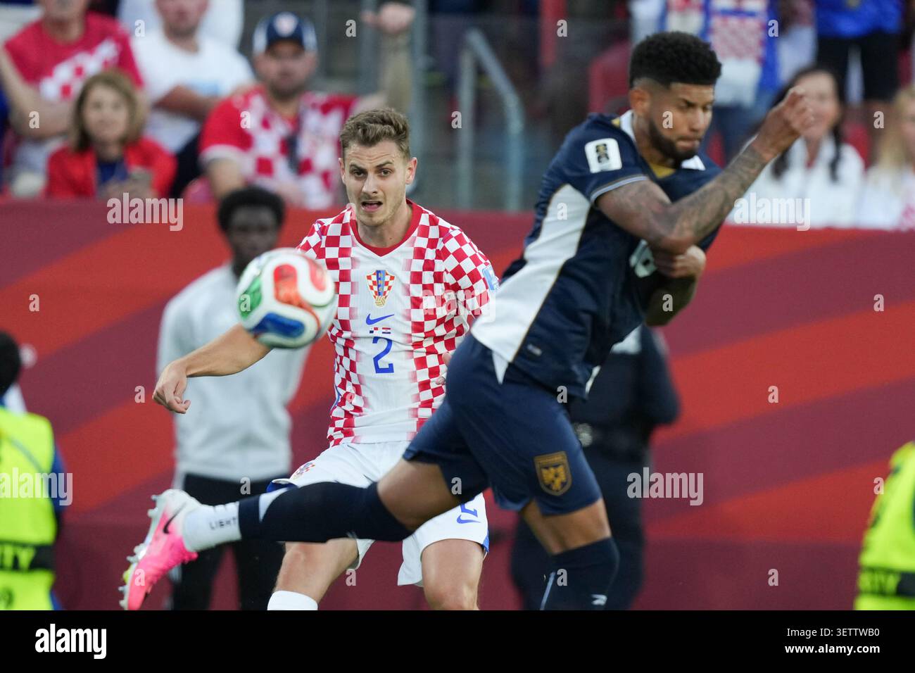 Josip Stanisic #02 of Croatia pass the ball during the 2026 FIFA World ...