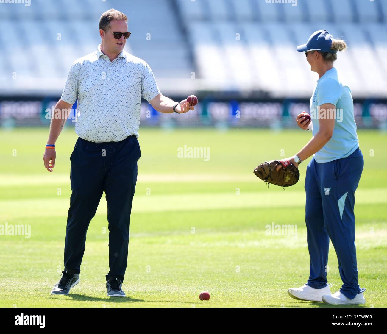 Robert Key (left) and England fielding coach Sarah Taylor during a nets ...