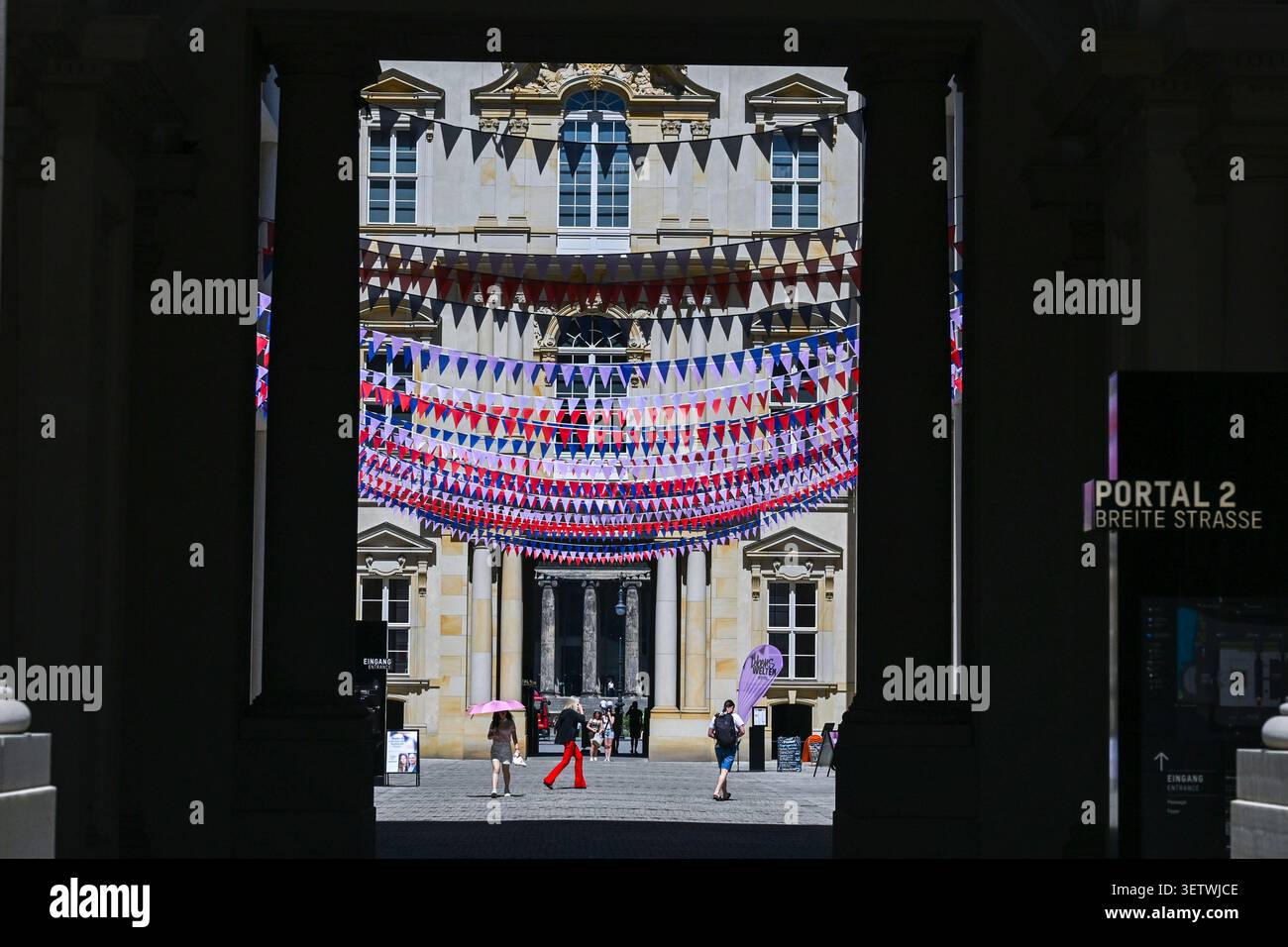 24 June 2026, Berlin: A courtyard at the Humboldt Forum is decorated ...