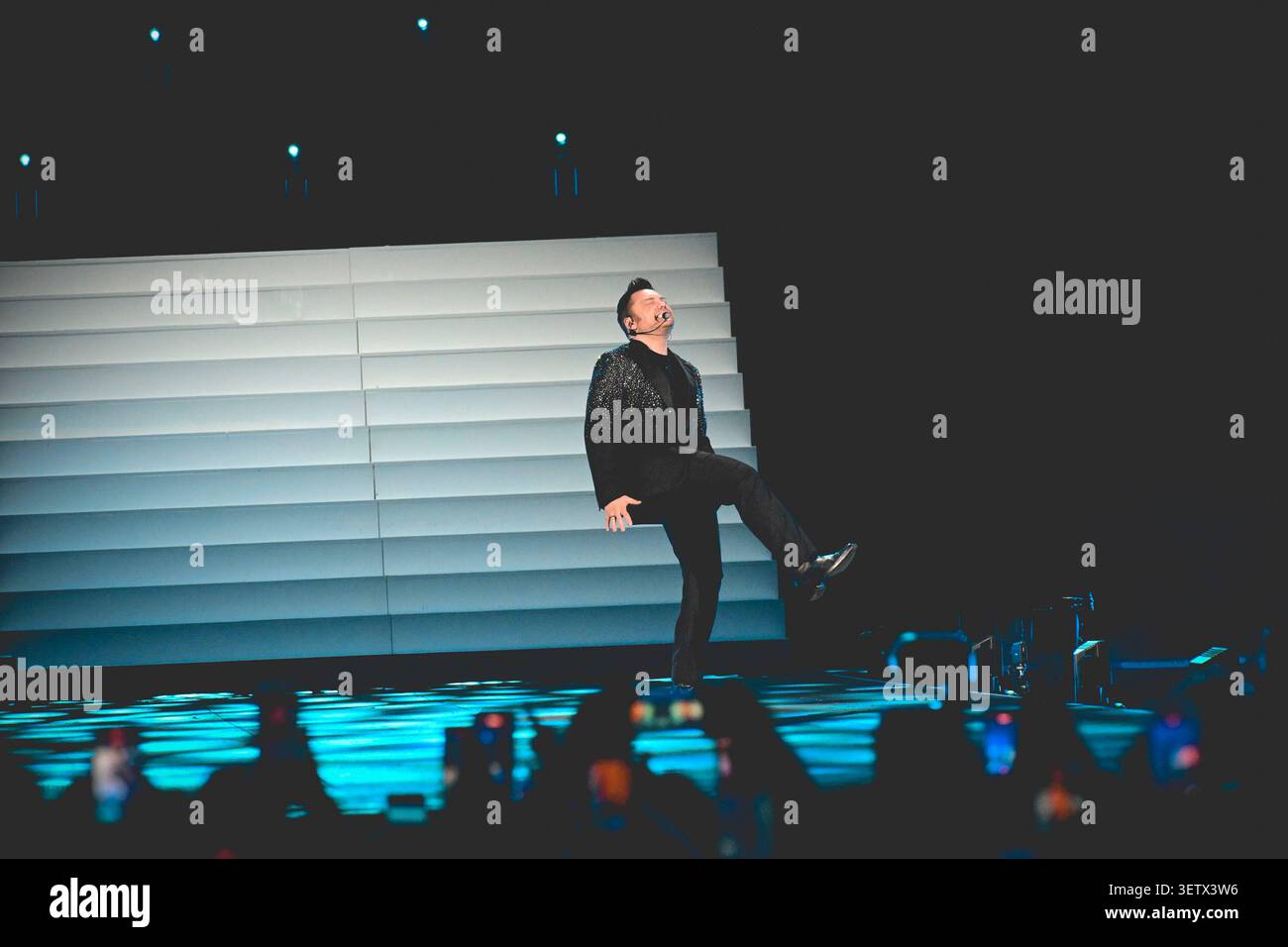 Italian singer Tiziano Ferro, seen performing live on stage at Stadium ...