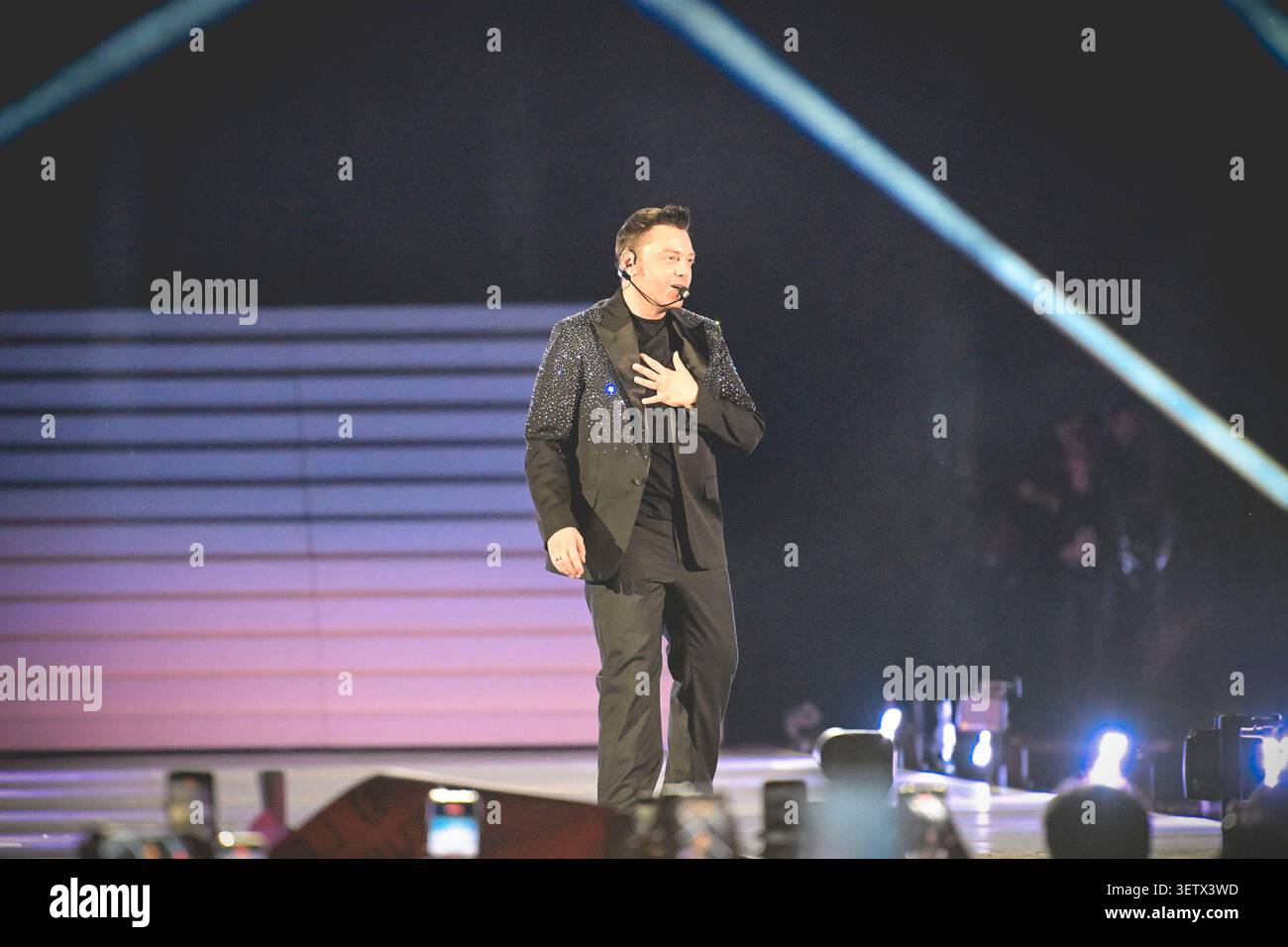 Italian singer Tiziano Ferro, seen performing live on stage at Stadium ...