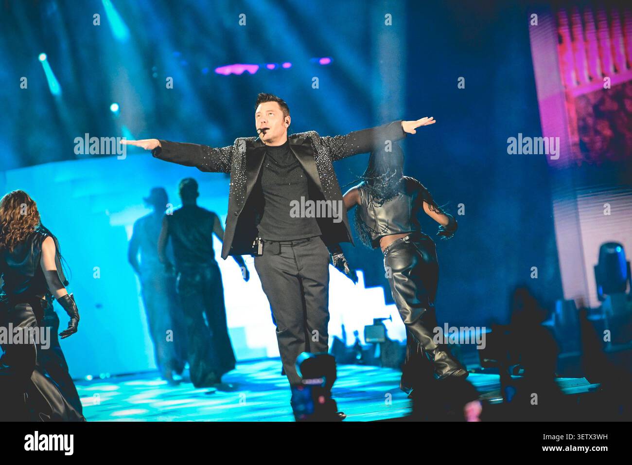 Italian singer Tiziano Ferro, seen performing live on stage at Stadium ...