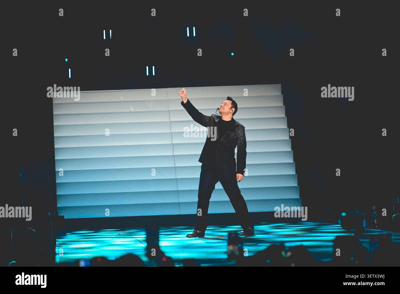 Italian singer Tiziano Ferro, seen performing live on stage at Stadium ...