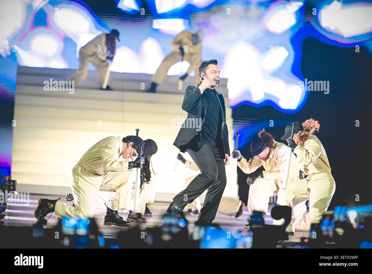 Italian singer Tiziano Ferro, seen performing live on stage at Stadium ...