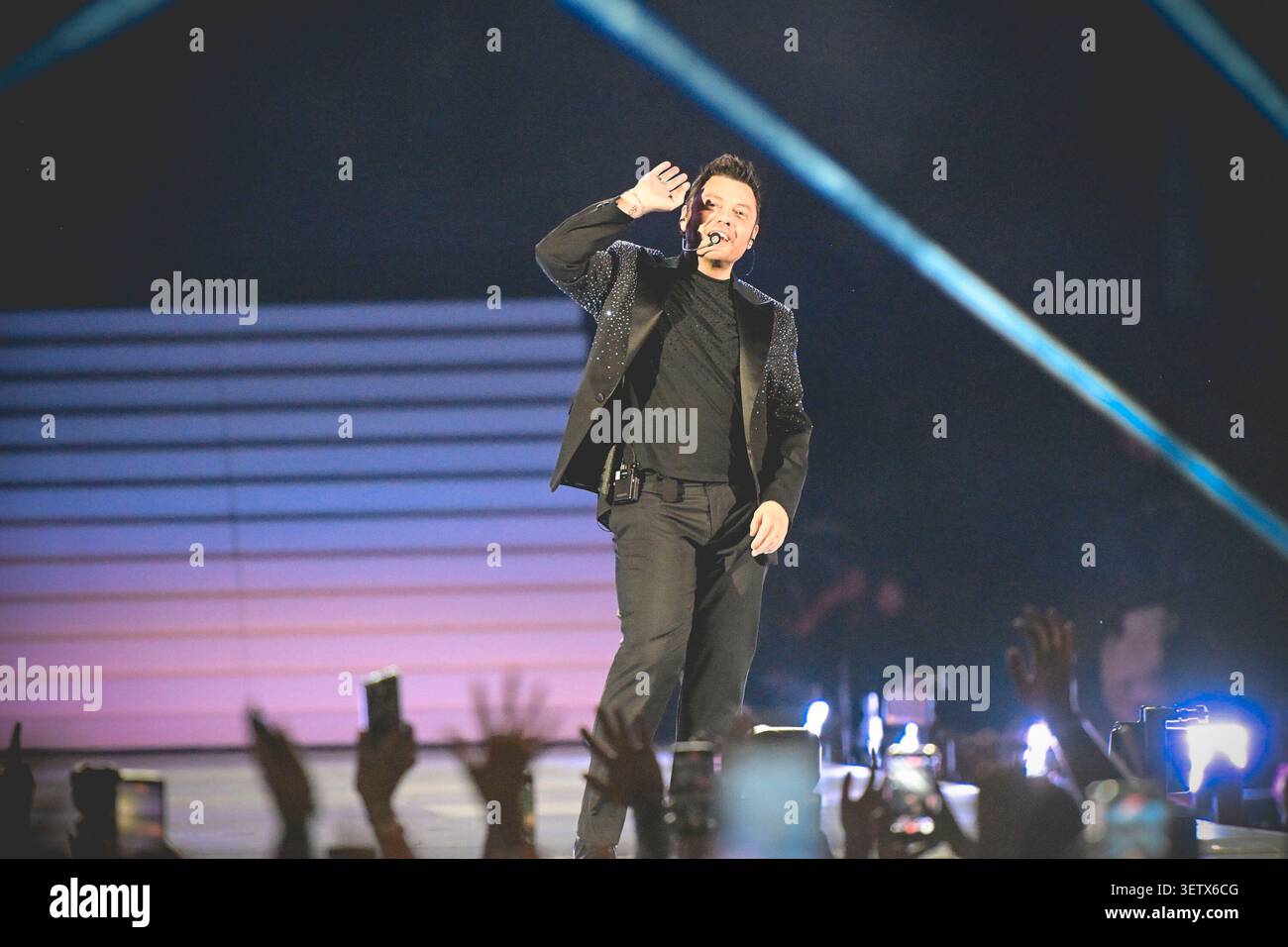 Italian singer Tiziano Ferro, seen performing live on stage at Stadium ...