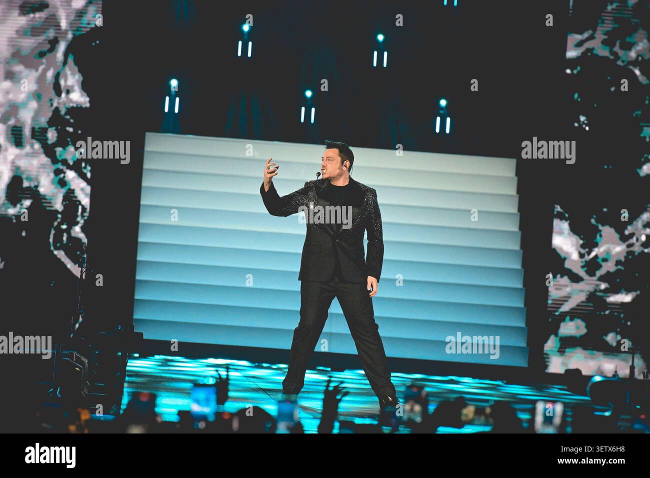 Italian singer Tiziano Ferro, seen performing live on stage at Stadium ...