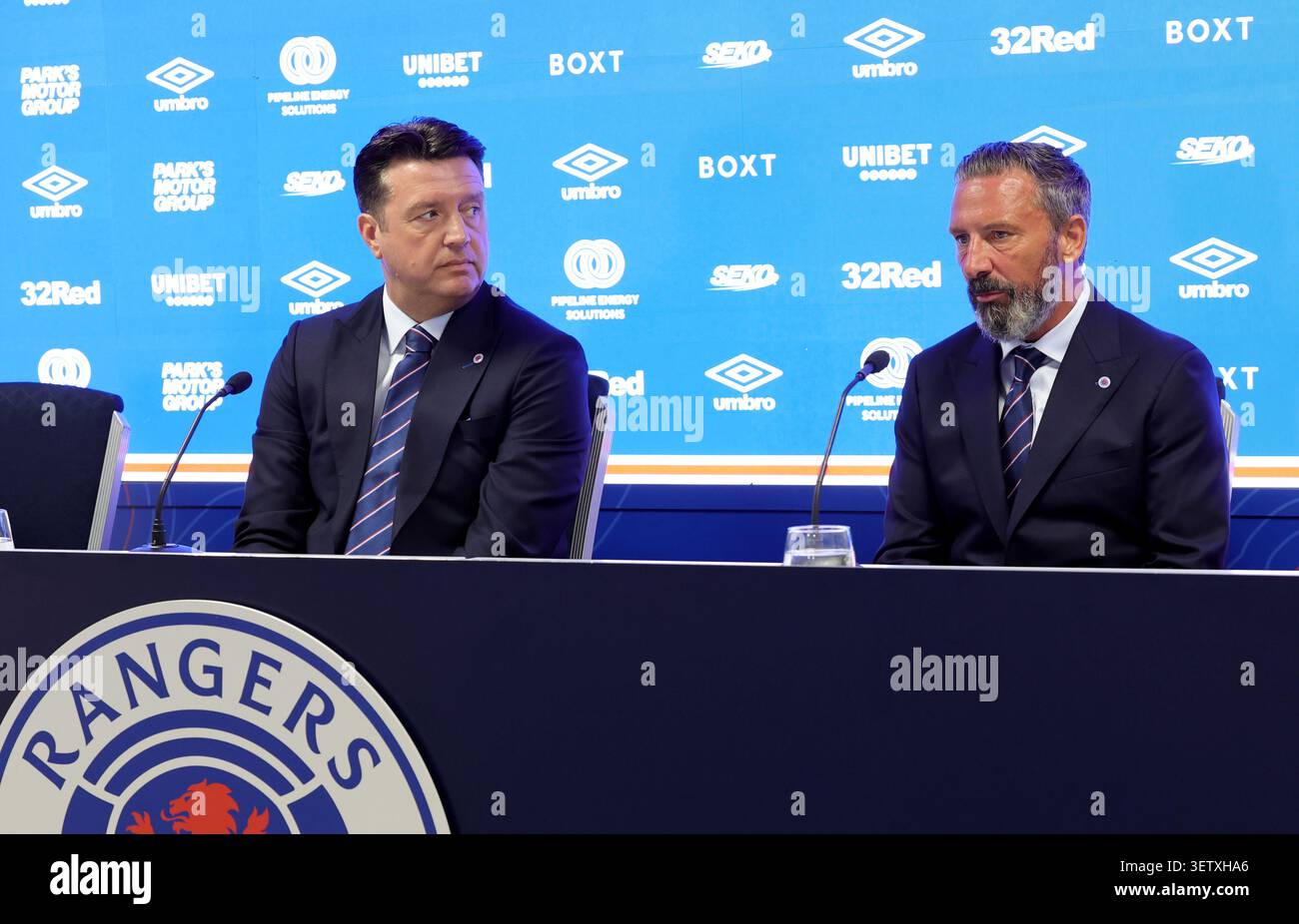 Derek McInnes and CEO Jim Gillespie during a press conference at Ibrox ...