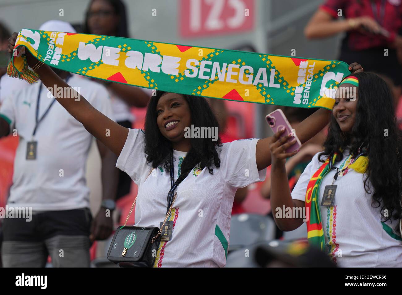 A Senegal supporter displays a scarf ahead of the World Cup Group I ...