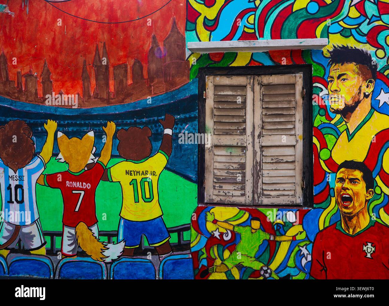 Colorful FIFA World Cup 2026 street art mural featuring Messi, Ronaldo ...