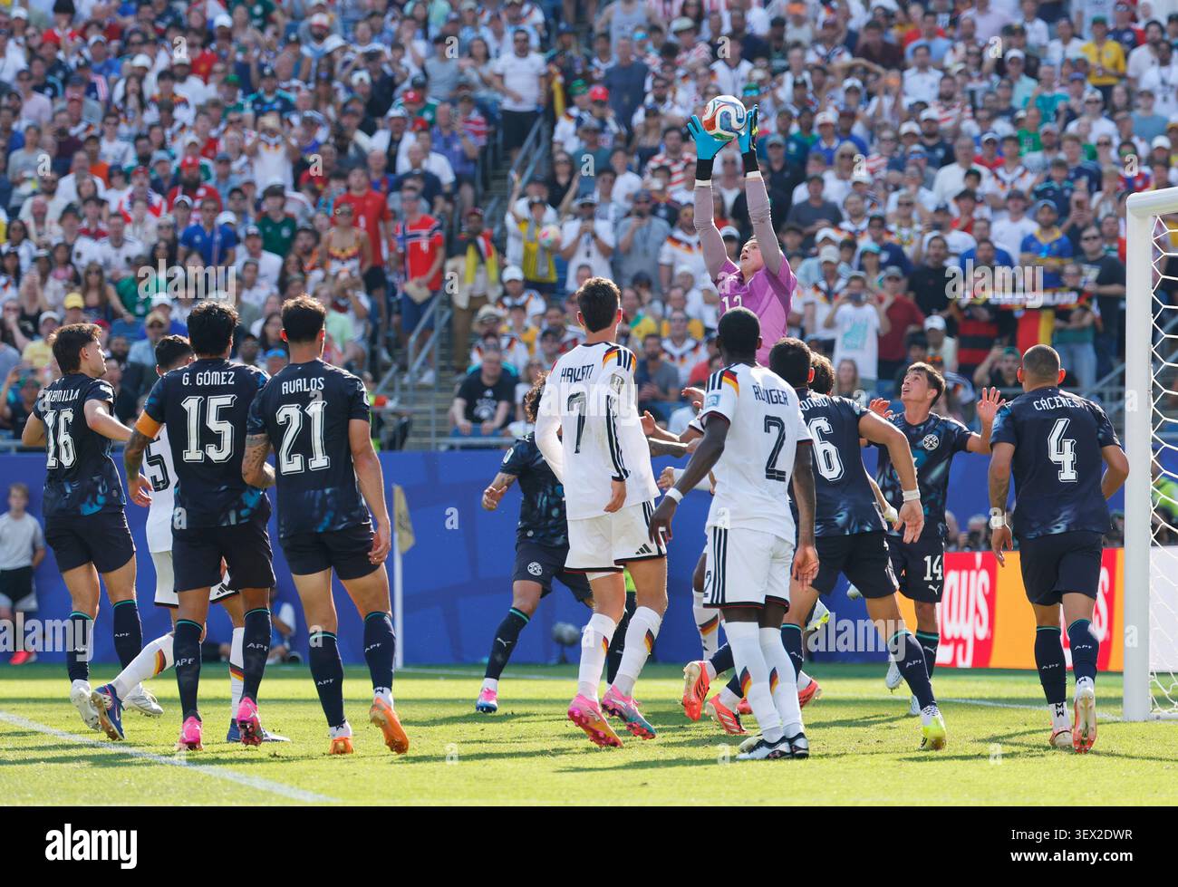 Paraguay's goalkeeper Orlando Gill reaches high for a save against ...