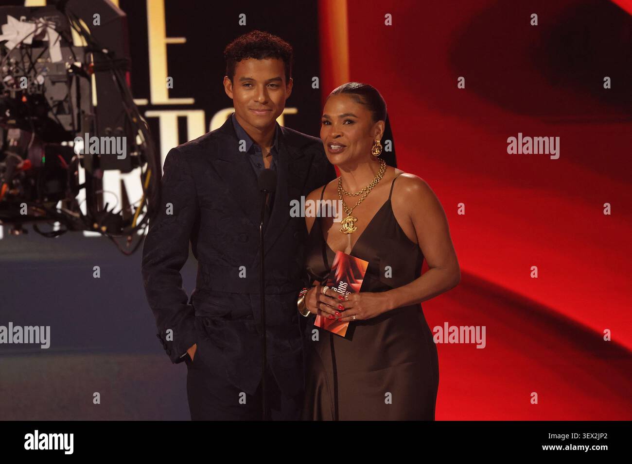 Jaafar Jackson, Nia Long onstage during the 2026 BET Awards at Peacock ...