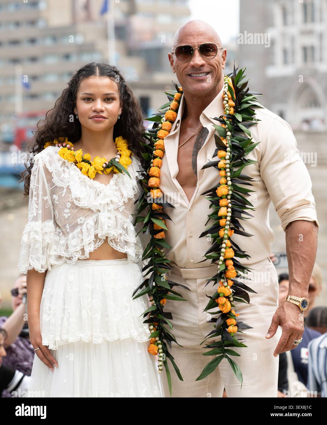 Catherine Laga'aia and Dwayne Johnson attends the "Moana Experience ...
