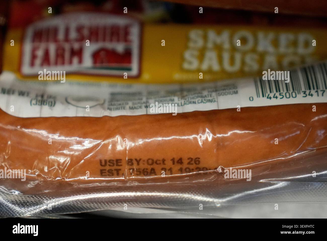 A Use By date is stamped on package of smoke sausage displayed at Park ...