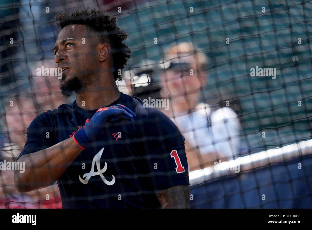 Atlanta Braves' Ozzie Albies works out before a baseball game between ...