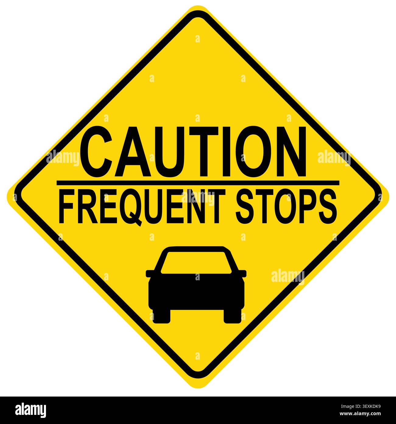 Caution frequent stops sign. Yellow safety notice with warning symbols ...