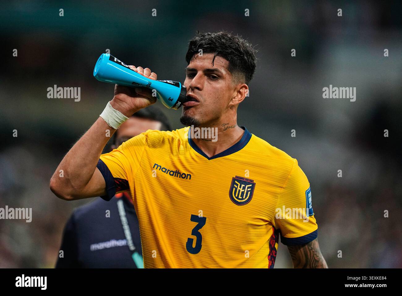 Ecuador's Piero Hincapie leaves the pitch after receiving a red card ...