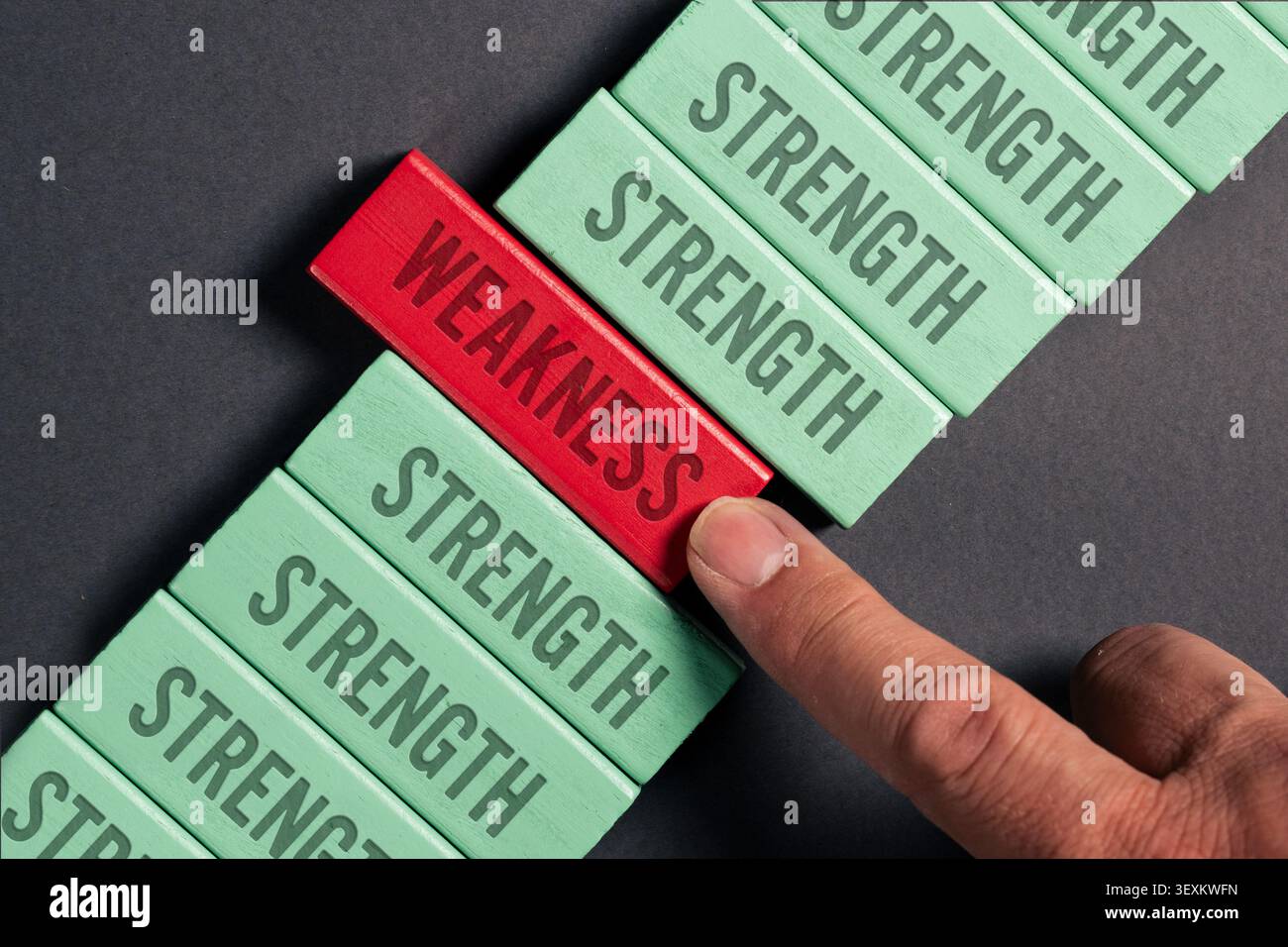 Finger pressing red WEAKNESS block among green STRENGTH blocks, showing ...