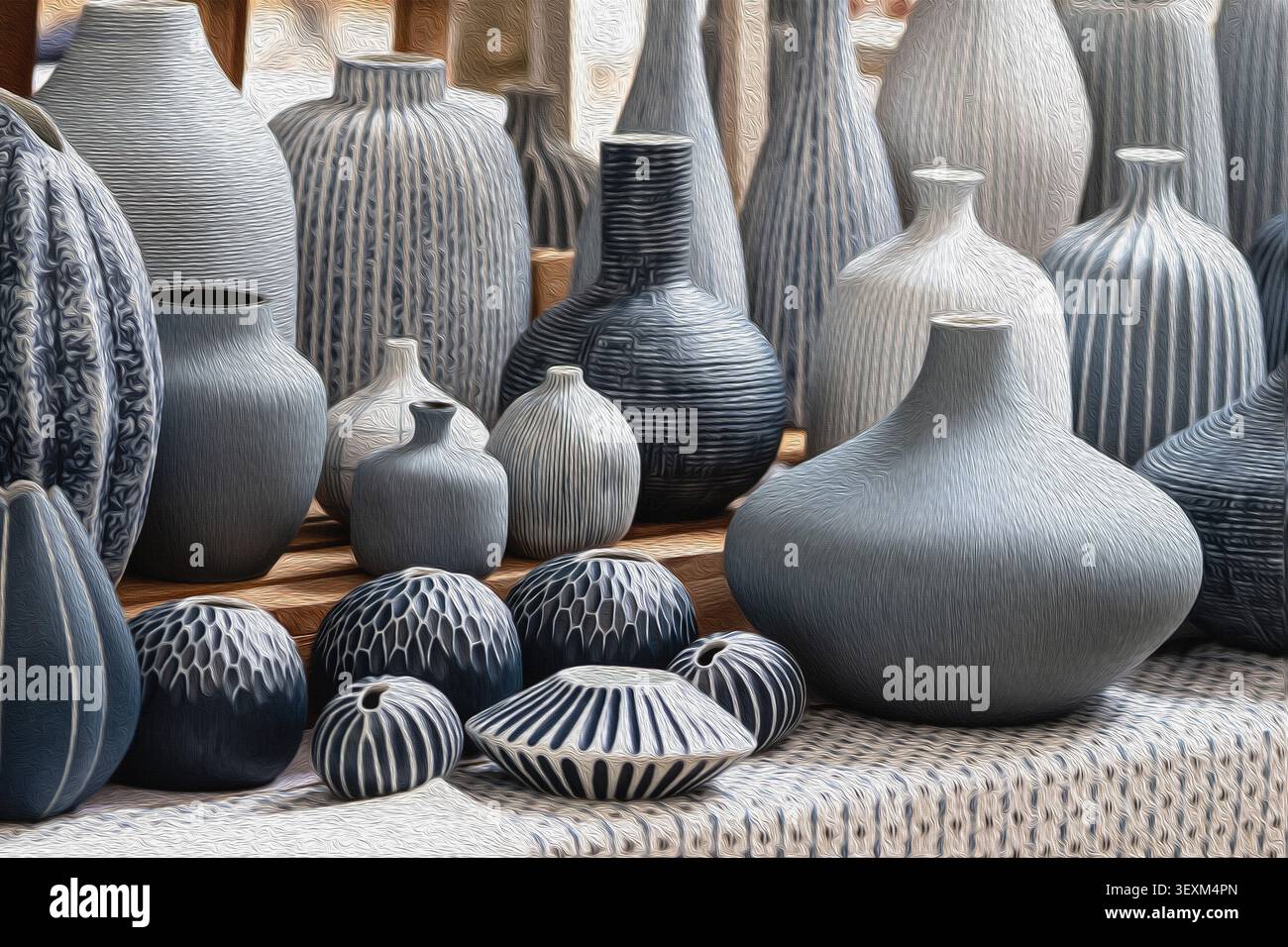 Abstract Assorted Ceramic Vases in Blue, White and Grey with Striped ...