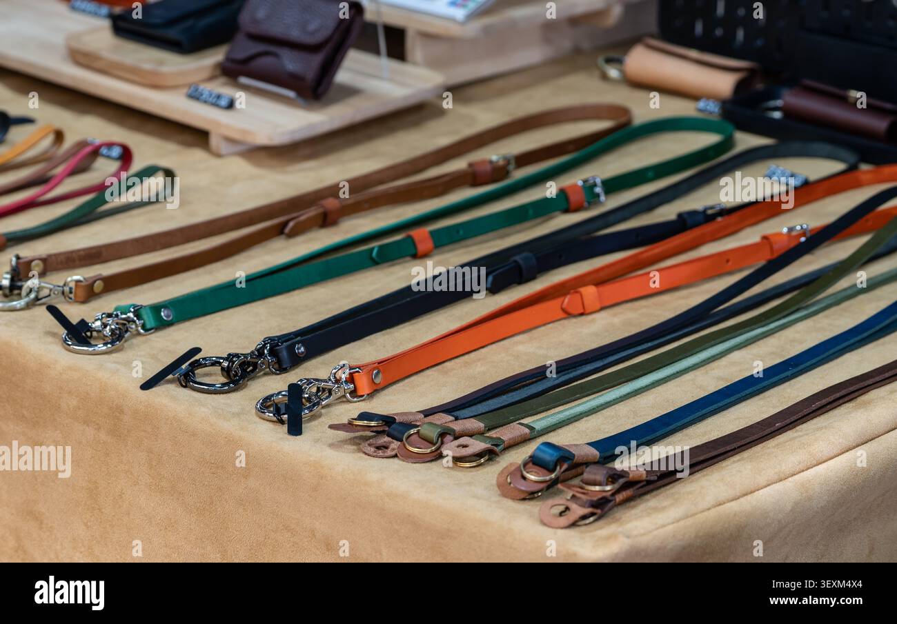 Colorful handmade leather straps and lanyards in various colors ...
