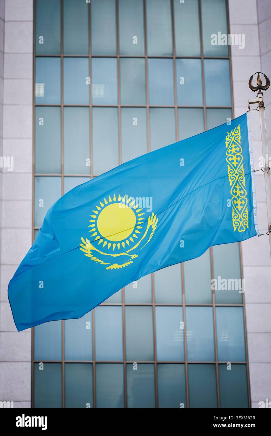 Stock photo. The flag of Kazakhstan is blowing in the wind. Astana, 29. ...