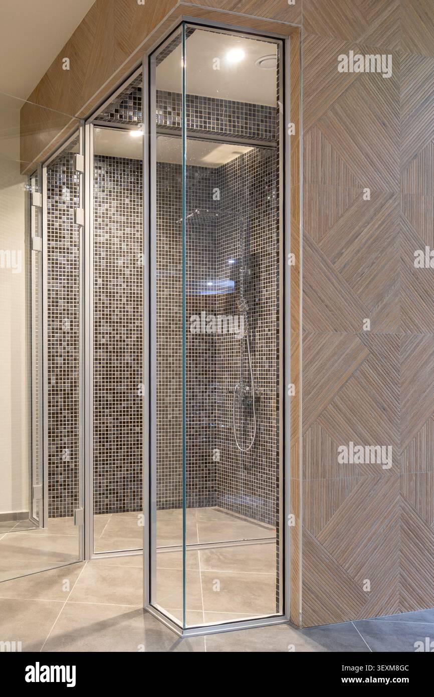 glass shower and steam room enclave featuring dark mosaic tile interior ...
