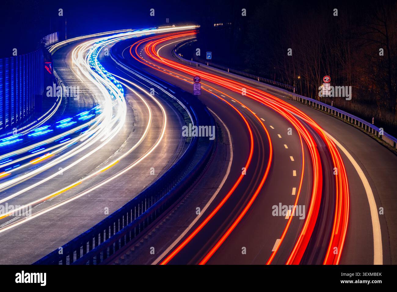 German Autobahn A46 at Night in Iserlohn Sauerland from a bridge in ...