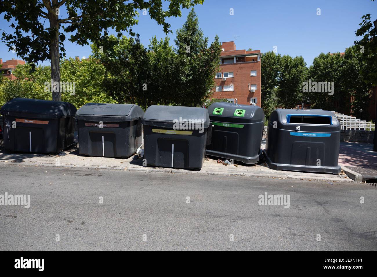 Several recycling bins, on 1 July 2026, in Madrid (Spain). 1 JULY 2026 ...