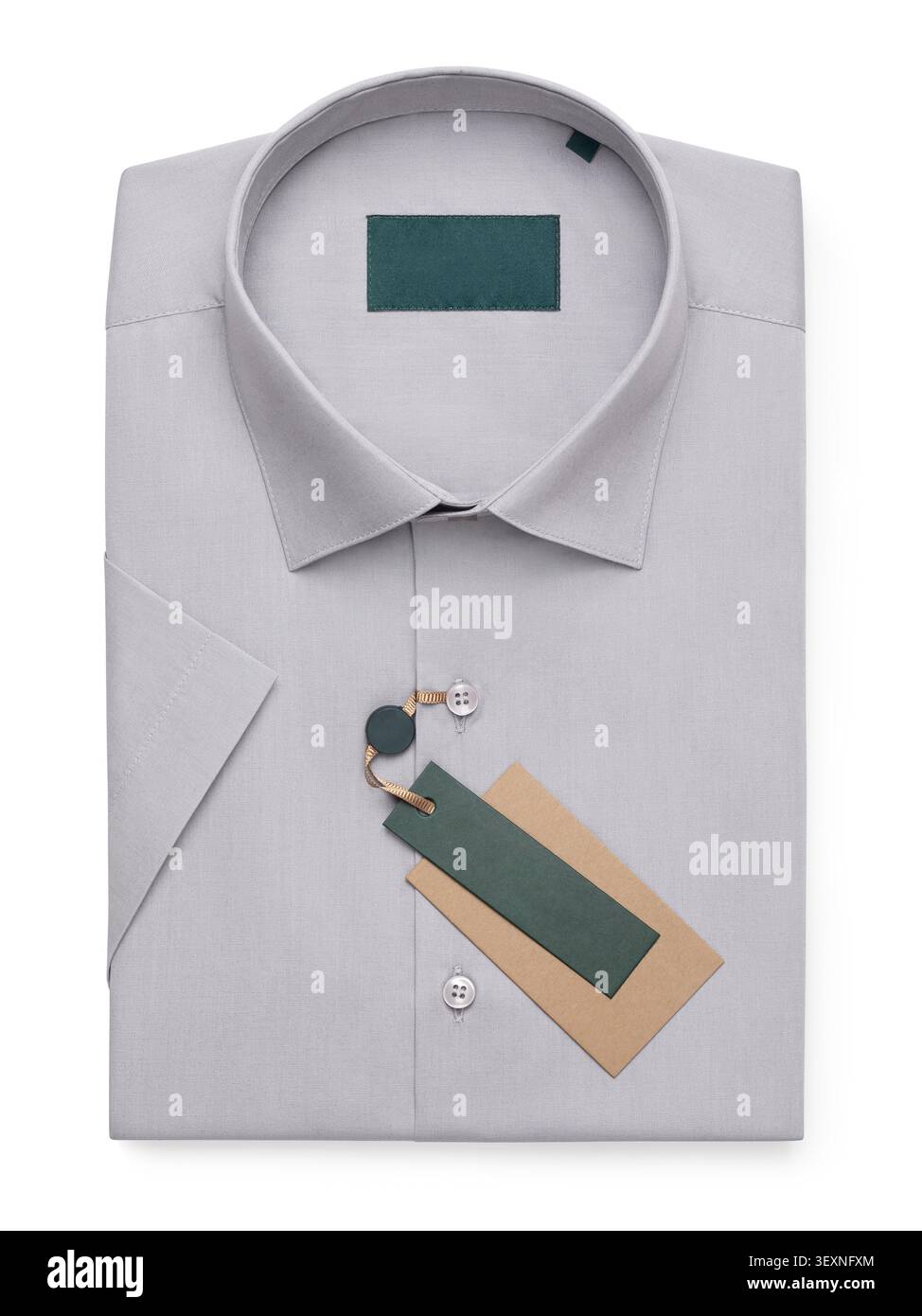 A folded light gray men's short-sleeved shirt with a green tag on the ...