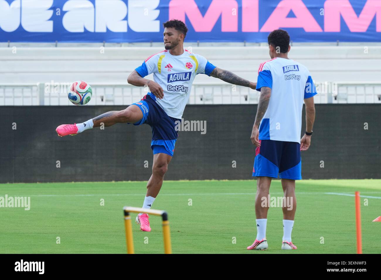 Colombia's Luis Suarez, left, and Luis Diaz participate in a World Cup ...