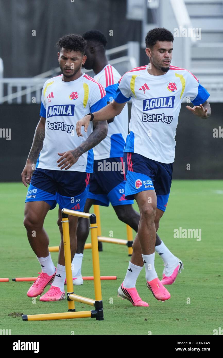 Colombia's Luis Diaz and Luis Suarez (25) participate in a World Cup ...