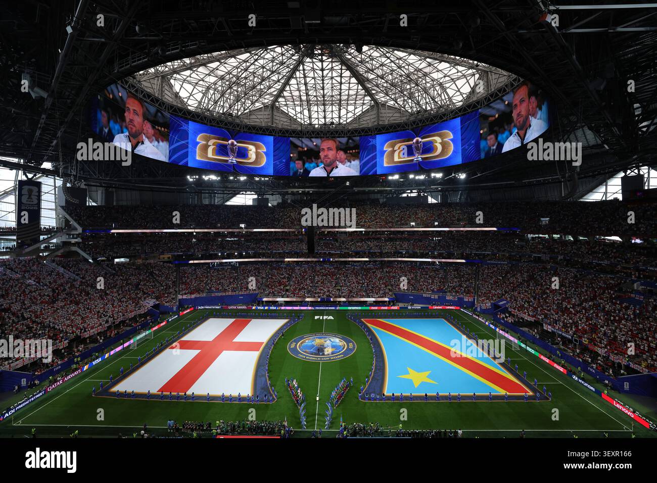 England's Harry Kane (9) is shown on the big screen during teams ...