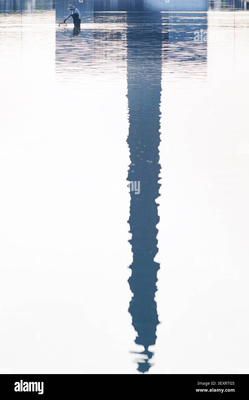 A worker clears debris from the Lincoln Memorial Reflecting Pool ...