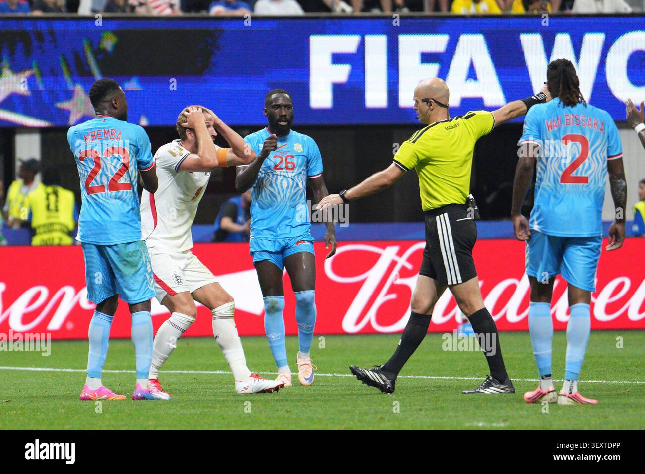 England's Harry Kane (9) reacts to referee Adham Mohammad Tumah ...