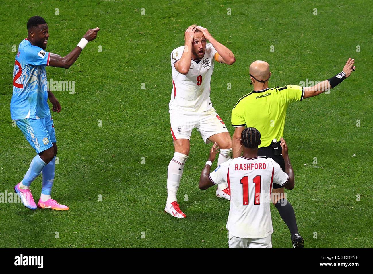 England's Harry Kane (9) reacts after a penalty no call during the ...