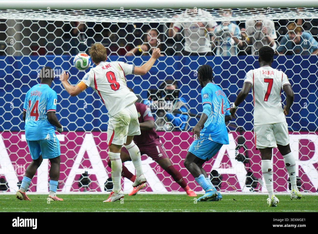 England's Harry Kane (9) scores his side's first goal during the World ...