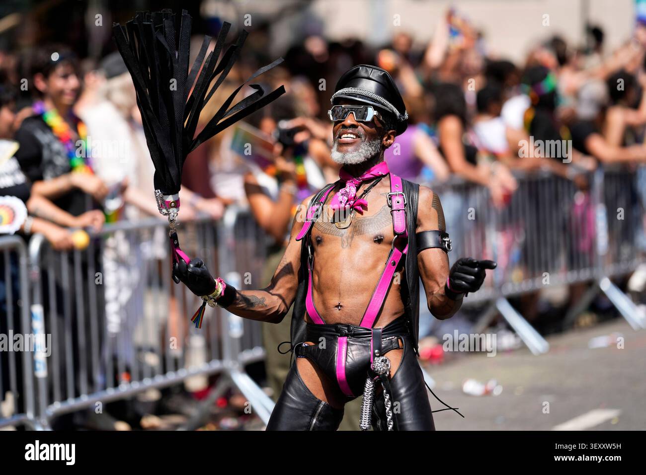 A parade-goer from the Eagle bar walks in the 57th annual NYC Pride ...