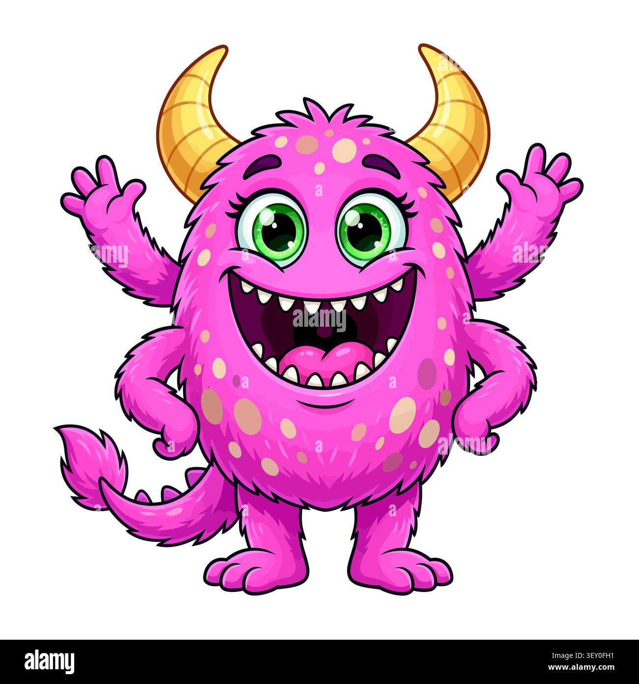 Pink Monster with Golden Horns Cartoon Illustration - Happy Monster ...