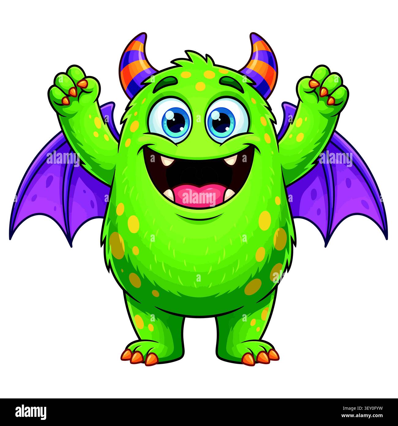 Green Monster with Purple Wings and Horns Cartoon Illustration Stock ...