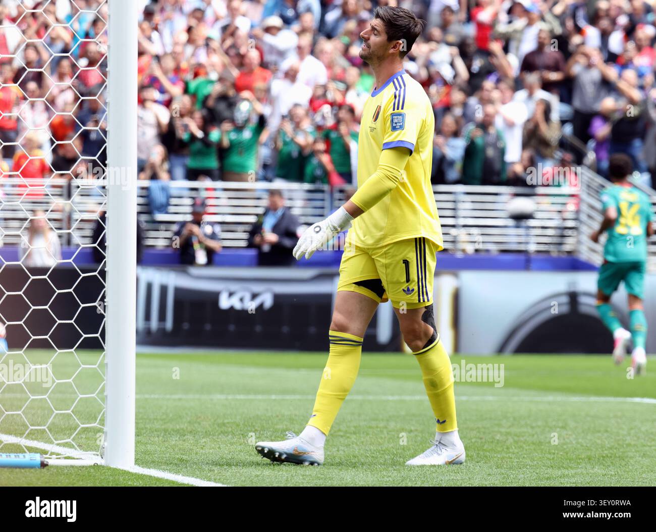 Belgium's goalkeeper Thibaut Courtois look dejected during a soccer ...