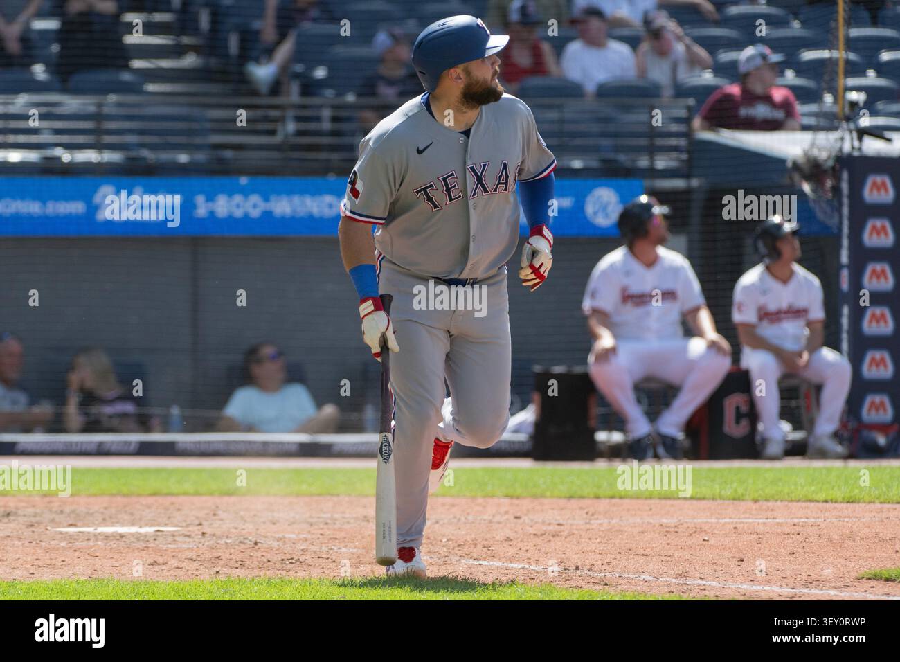 Texas Rangers' Jake Bruger watches his fly out off Cleveland Guardians ...