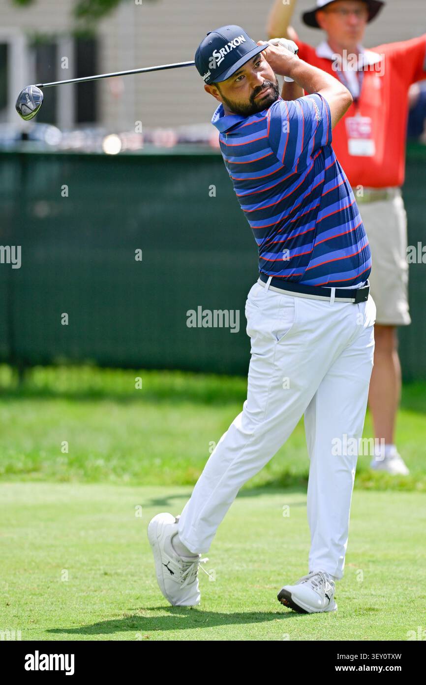 CROMWELL, CT - JUNE 28: J.J. Spaun (USA) watches his tee shot on 7 ...