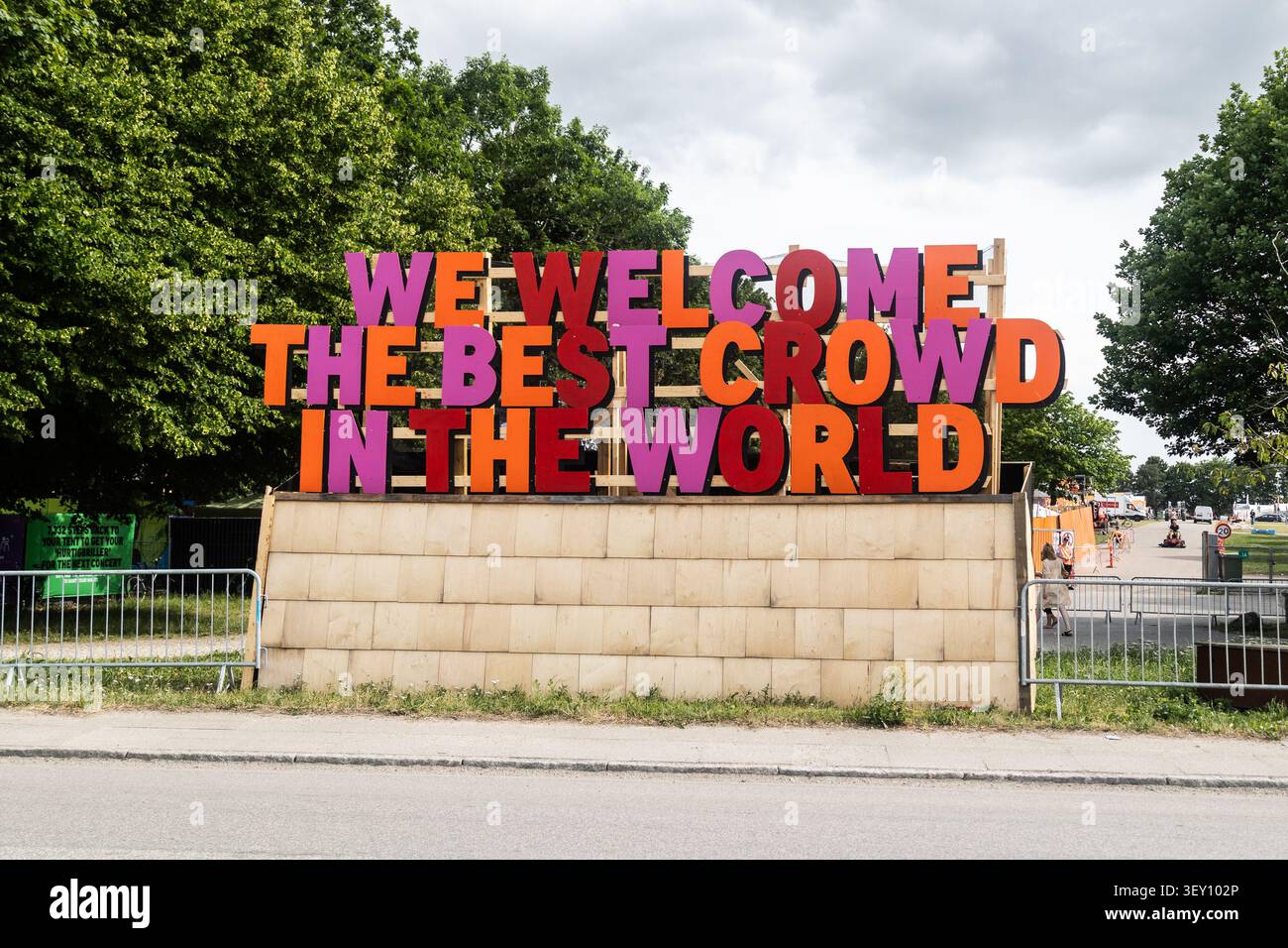 A welcome sign at the entrance of Roskilde Festival in Roskilde ...