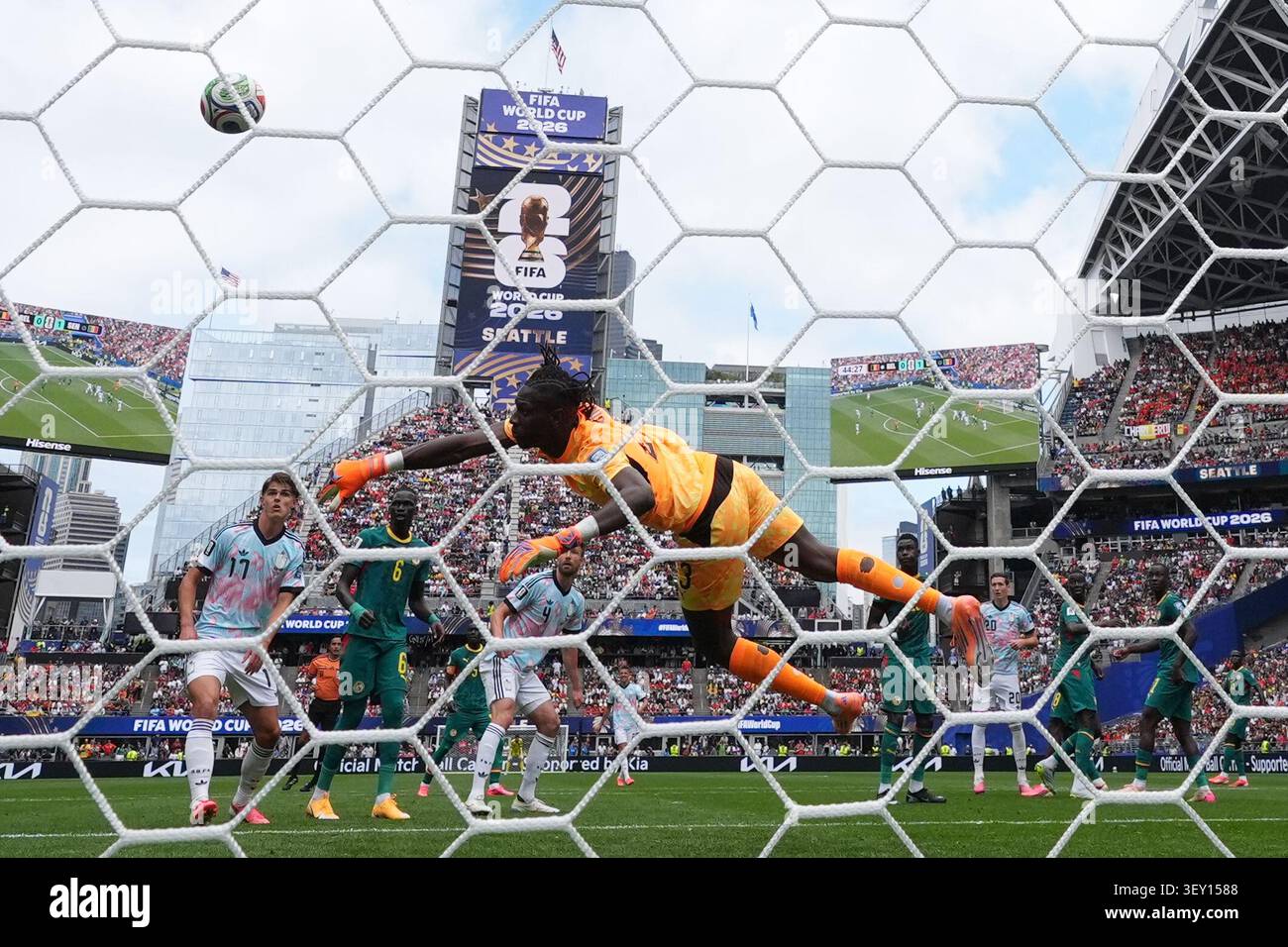 Senegal goalkeeper Yehvann Diouf (1) makes a diving safe during the ...
