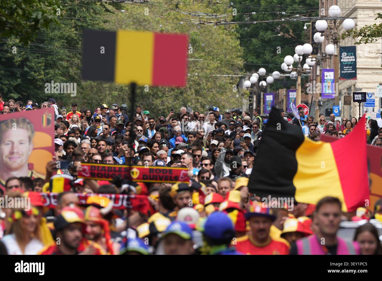 Seattle, WA, USA. 1 Jul, 2026. Belgium fans make their way into Seattle ...