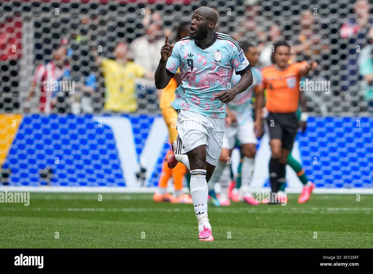 Belgium's Romelu Lukaku (9) celebrates scoring his side's first goal ...