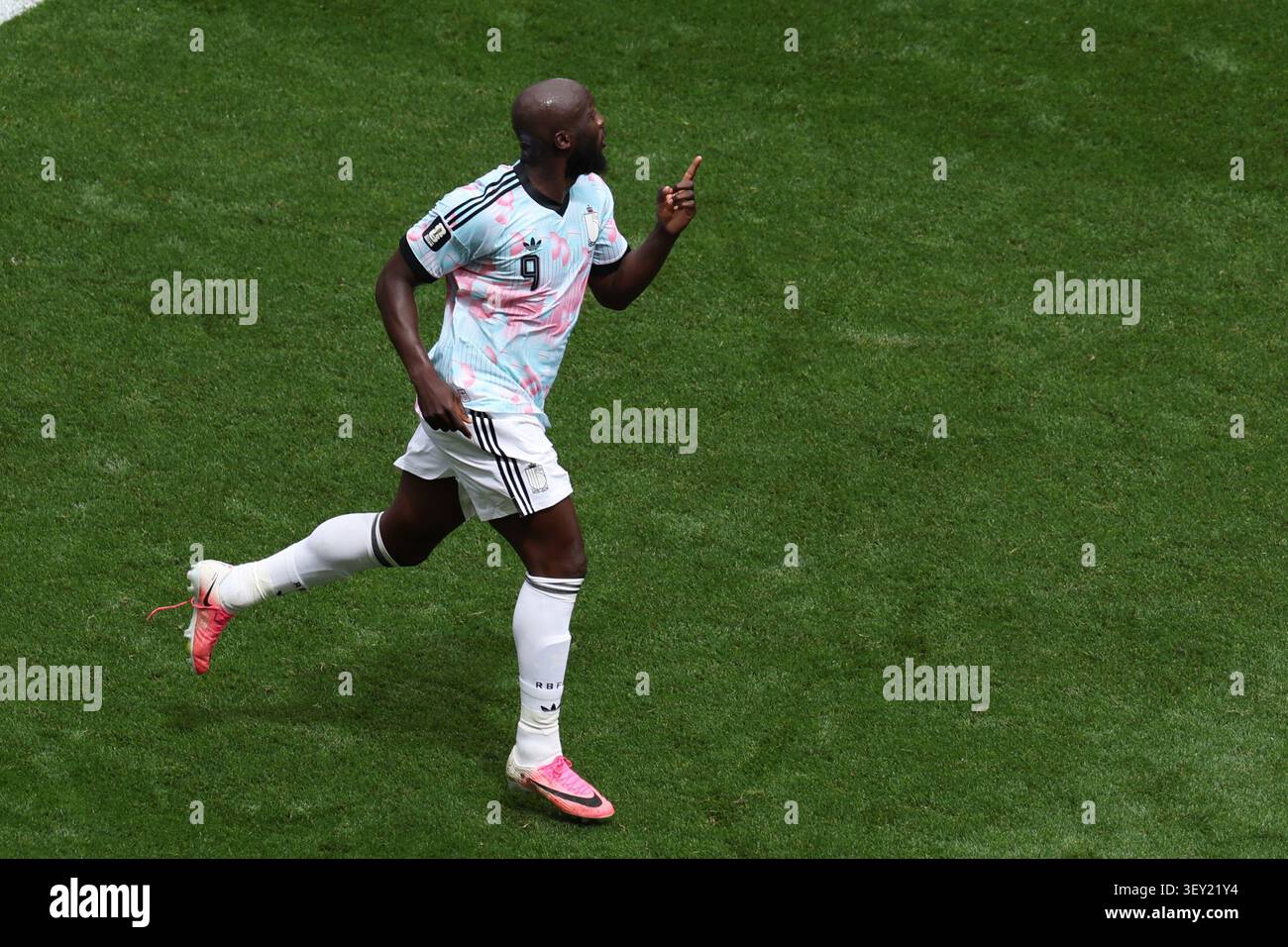 Belgium's Romelu Lukaku, celebrates scoring his side's first goal ...